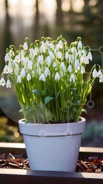 Snowdrop Flowers in White Pot on Outdoor Bench stock photo | Creative ...