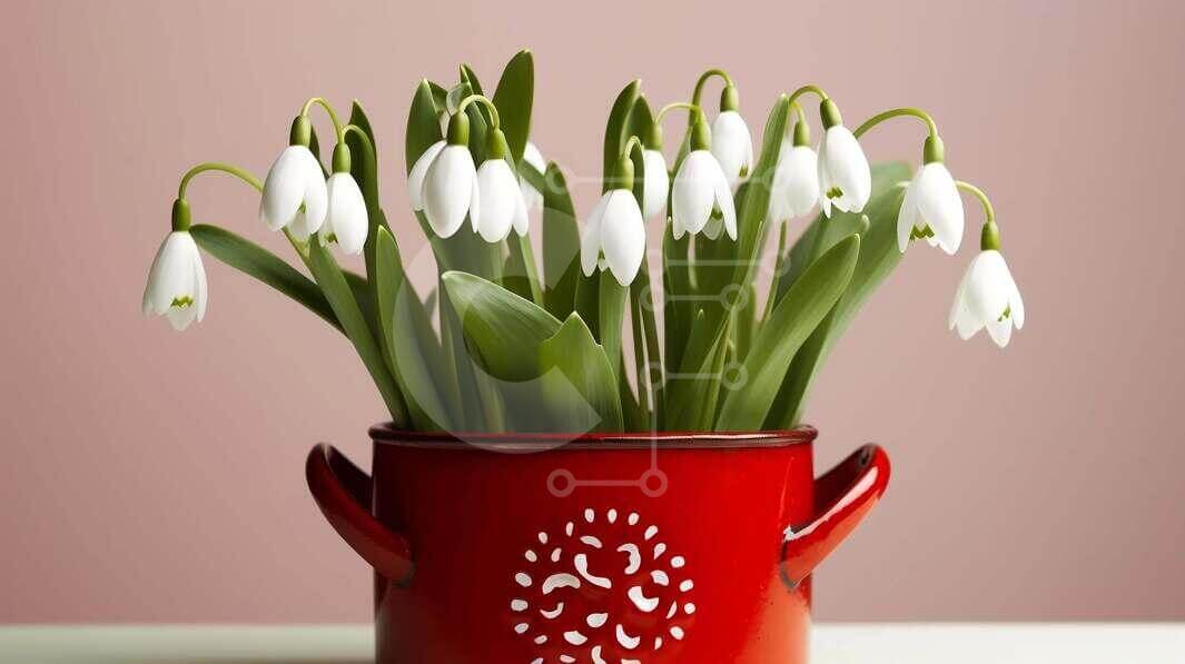 Beautiful Snowdrops in Red Pot stock photo | Creative Fabrica