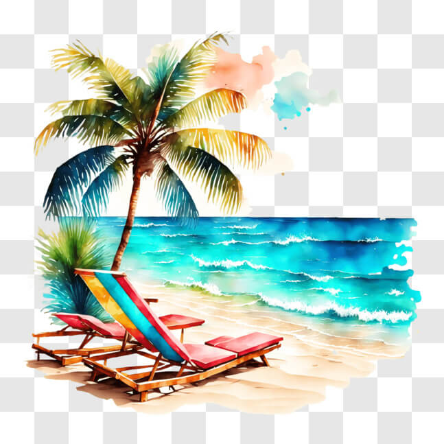 Download Tropical Beach with Lounge Chairs and Palm Tree PNGs Online ...