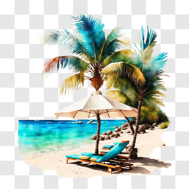 Download Relaxing Beach Scene with Lounge Chairs and Umbrella PNGs ...
