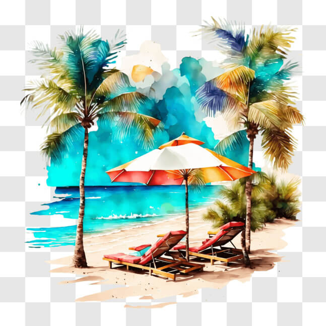 Download Relaxing Beach Scene with Lounge Chairs and Palm Trees PNGs ...