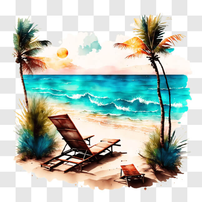 Download Beach chair and palm trees on the beach with ocean view PNGs ...