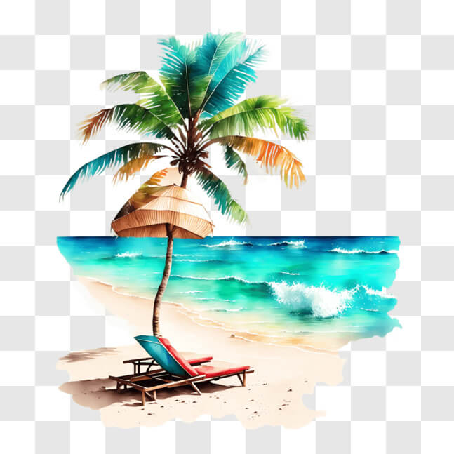 Download Beach Scene with Umbrella, Lounge Chair, and Palm Tree Under ...