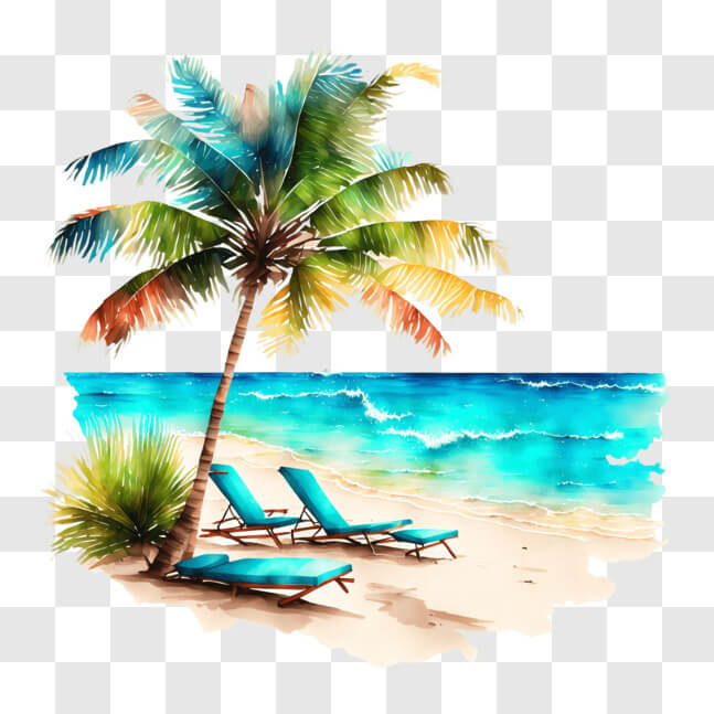 Download Tropical Beach Scene with Lounge Chairs and Palm Tree PNGs ...