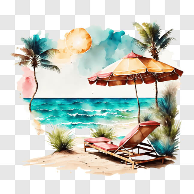 Download Beach scene with umbrella, lounge chair, and palm trees PNGs ...