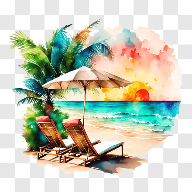 Download Beach Sunset with Lounge Chairs and Palm Trees PNGs Online ...