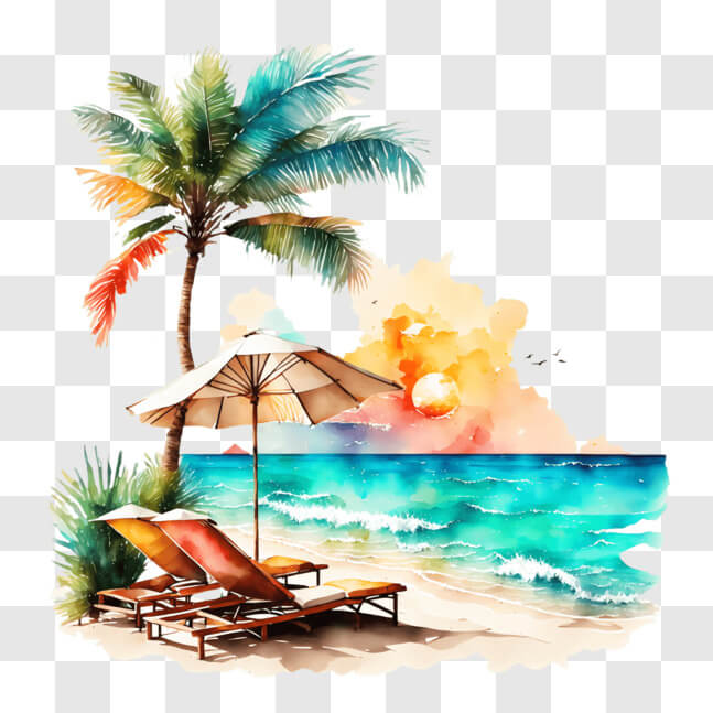 Download Beach Scene with Lounge Chairs and Ocean View PNGs Online ...