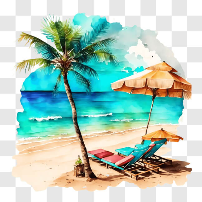 Download Idyllic Beach Scene with Lounge Chairs and Palm Tree PNGs ...