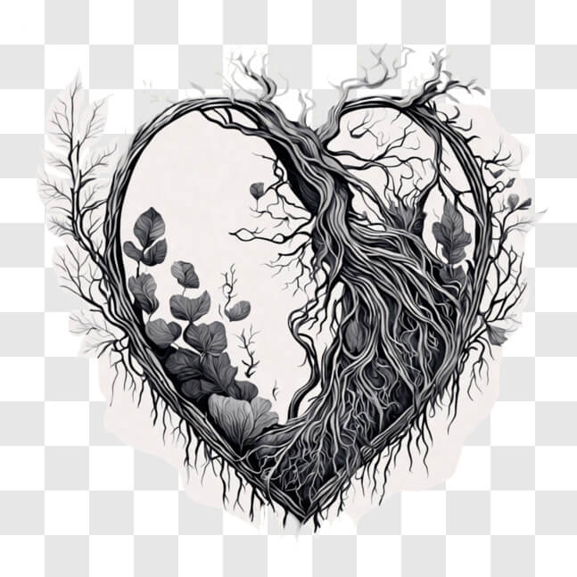 Download Heart-shaped Drawing with Trees and Vines in Black and White ...