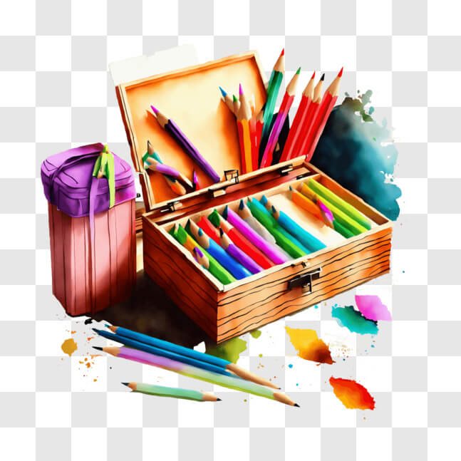Download Open Wooden Box with Colored Pencils and Paper PNGs Online ...