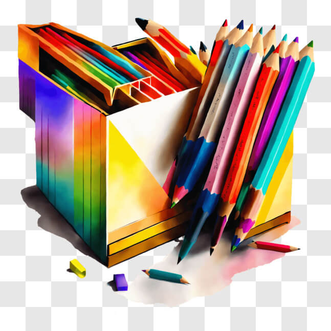 Download Open Box of Colored Pencils and Crayons with Papers PNGs ...