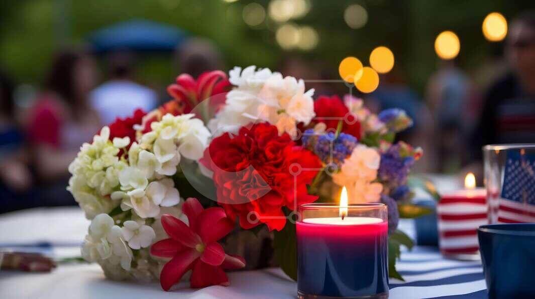 Patriotic American Table Setting with Flag and Candle stock photo ...
