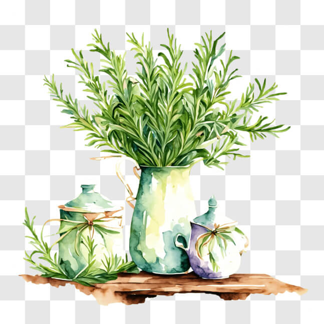 Download Watercolor Painting of Three Green Jugs with Rosemary Plants ...