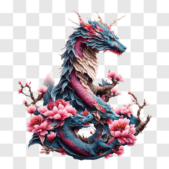 Download Blue and Pink Dragon with Surrounding Flowers PNGs Online ...