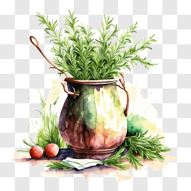 Download Watercolor Painting of Fresh Herbs and Apples in Copper Pot ...