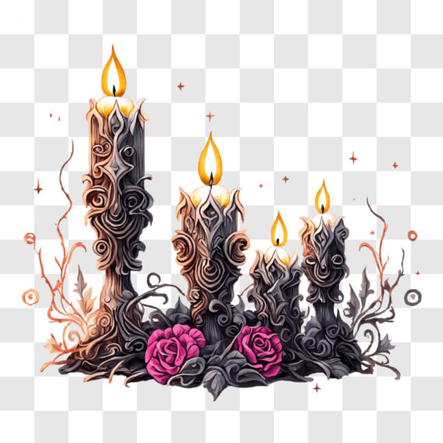 Download Group of Lit Candles and Pink Roses in Gothic Art PNGs Online ...