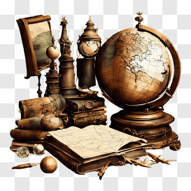 Download Vintage Travel and Exploration Collection on Wooden Table PNGs ...