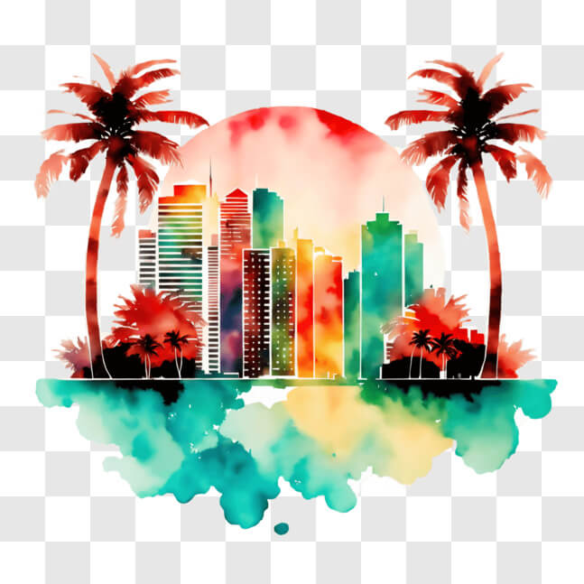 Download City of Miami with Palm Trees and Skyscrapers in Watercolor ...
