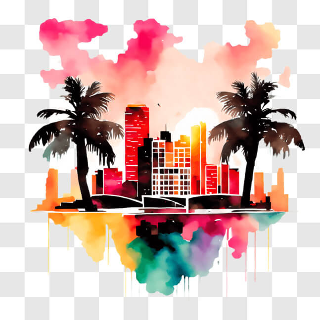 Download Colorful Watercolor Painting of Miami with Palm Trees PNGs ...