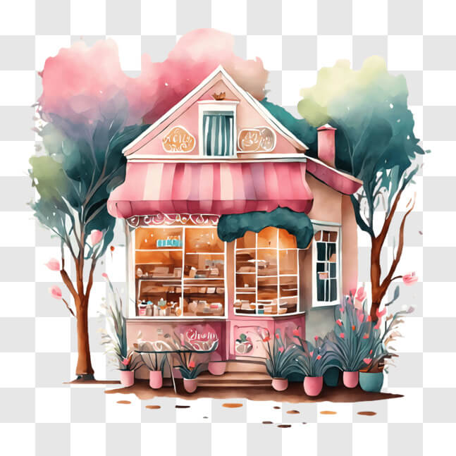 Download Charming Pink Bakery House with Trees and Flowers PNGs Online ...