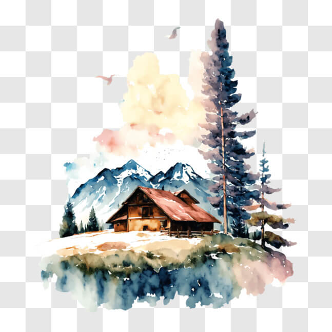 Download Serene Mountain Cabin Watercolor Painting PNG Online - Creative Fabrica
