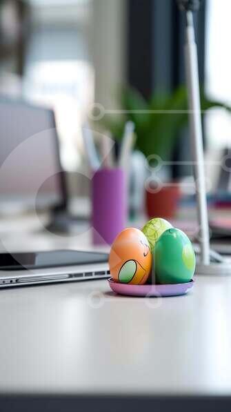 Vibrant Easter Eggs and Laptop on Desk stock photo | Creative Fabrica