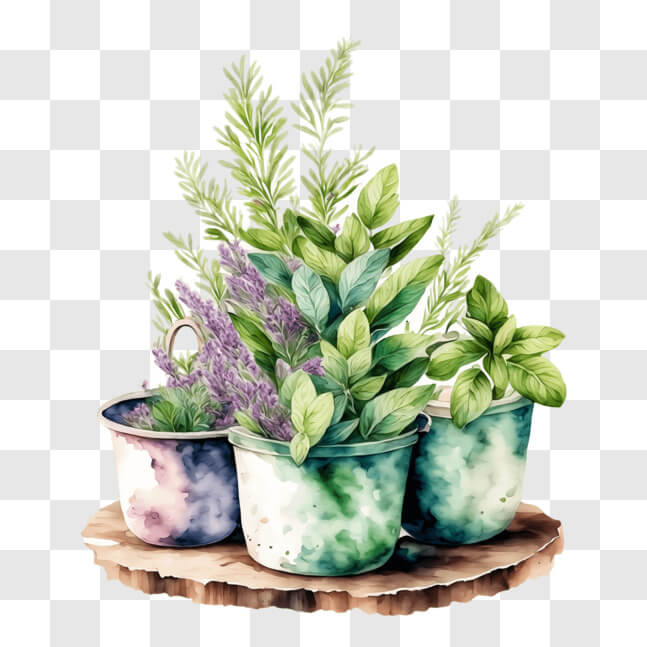 Download Watercolor Painting of Herbs in Pots on Wooden Board PNGs ...