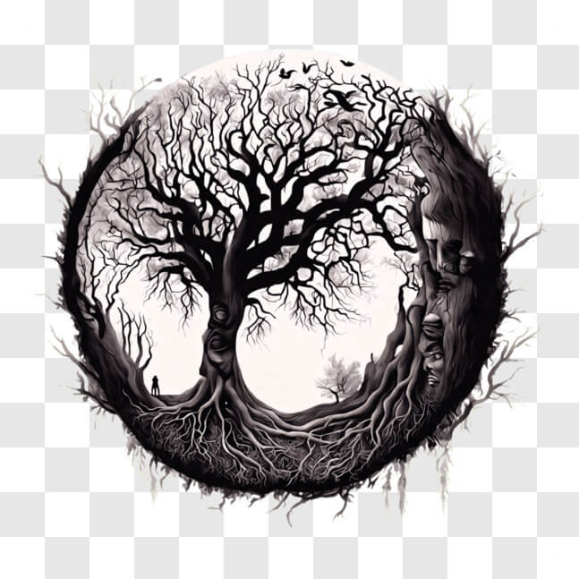 Download Black and White Tree Circle with Roots and Two Trees PNGs ...
