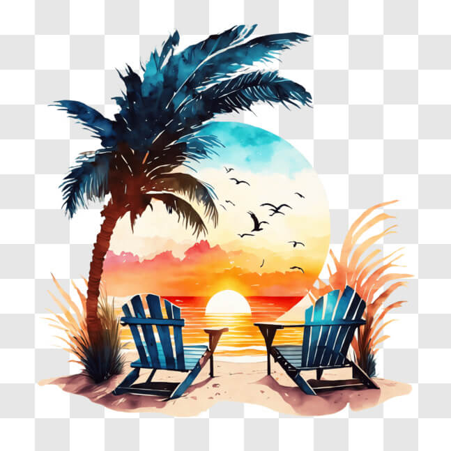 Download Beach Chairs at Sunset with Palm Tree in the Background PNGs ...