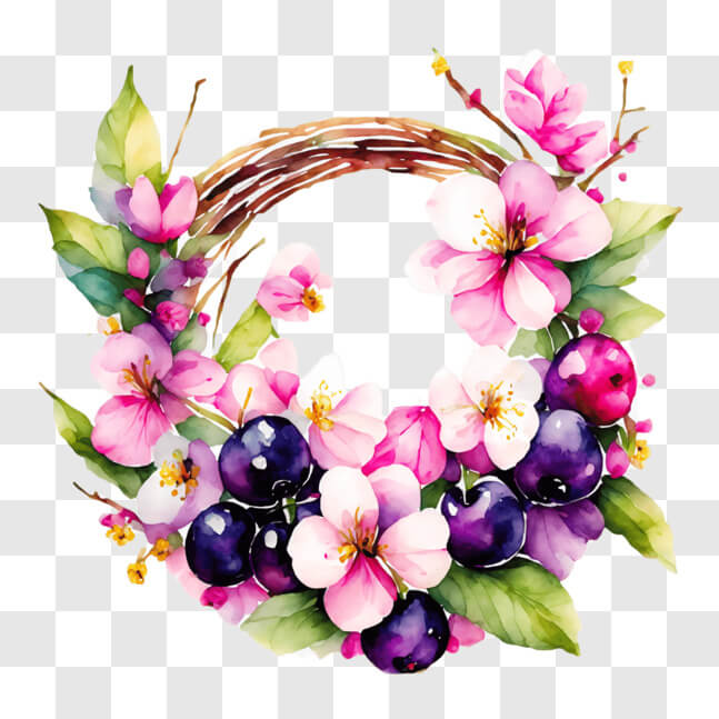 Download Pink Flower and Blueberry Wreath PNGs Online - Creative Fabrica