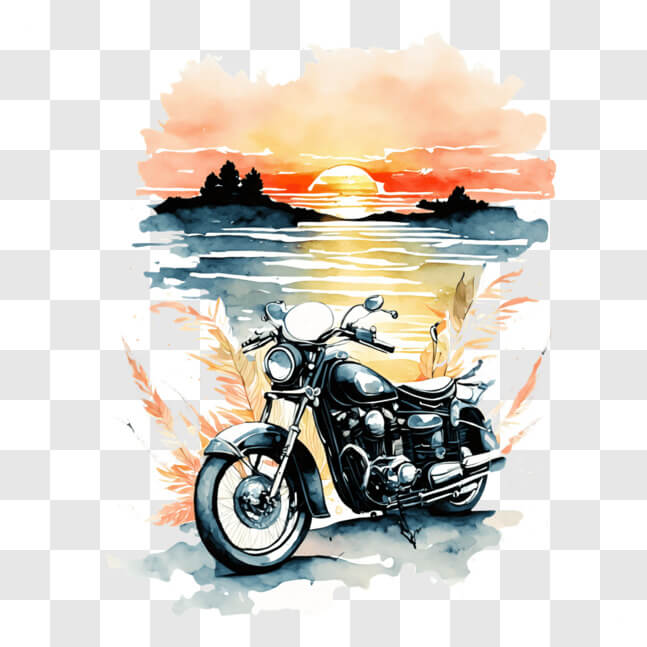 Download Black Motorcycle Parked in Front of Sunset Painting PNGs ...