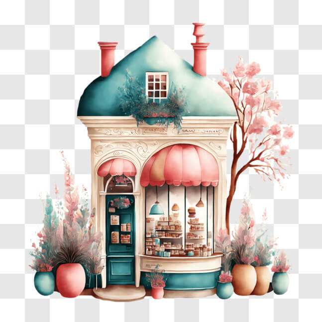 Download Charming Pastel Bakery Shop with Desserts and Flowers PNGs ...