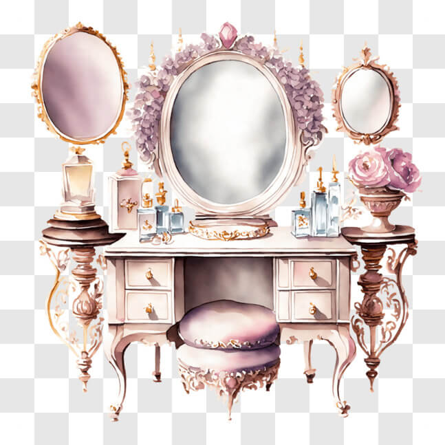 Download Ornate Vanity with Mirror, Stool, and Flowers PNGs Online ...