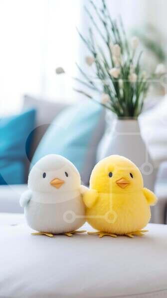 Adorable Stuffed Chickens in a Cozy Living Room stock photo | Creative ...