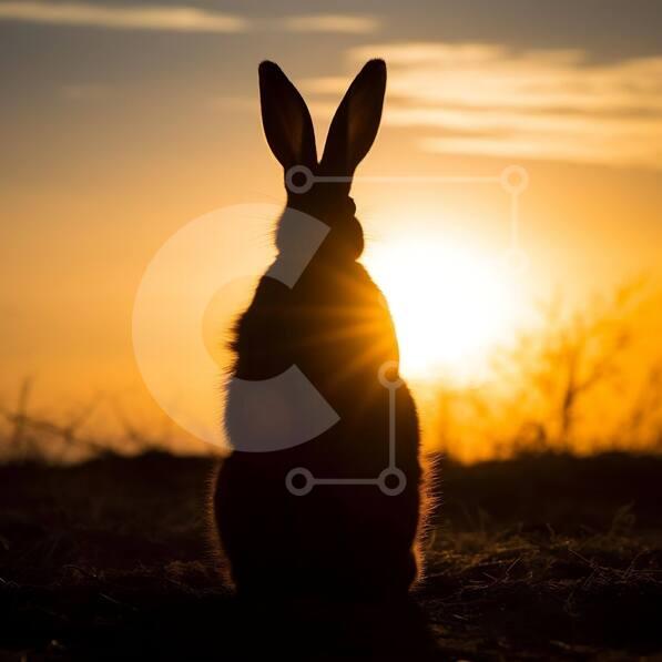 Rabbit Watching Sunset in Open Field stock photo | Creative Fabrica
