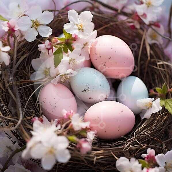 Beautiful Bird's Nest with Pink and Blue Eggs stock photo | Creative ...