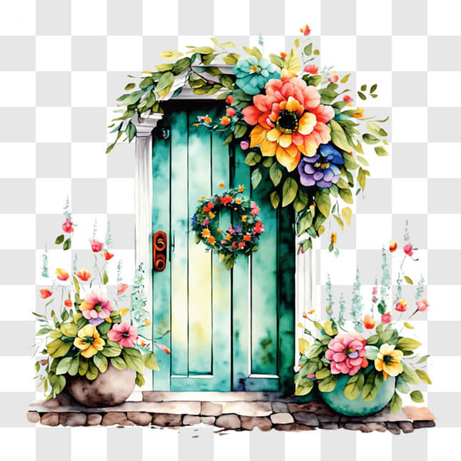 Download Watercolor Painting of Green Door with Flowers and Potted ...