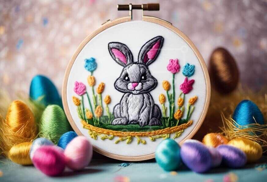 Colorful Easter Eggs and Bunny Embroidery Hoop Decoration stock photo ...