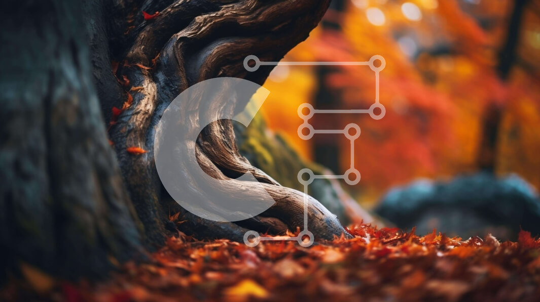 Autumn Tree Trunk in Forest with Scattered Leaves stock photo ...