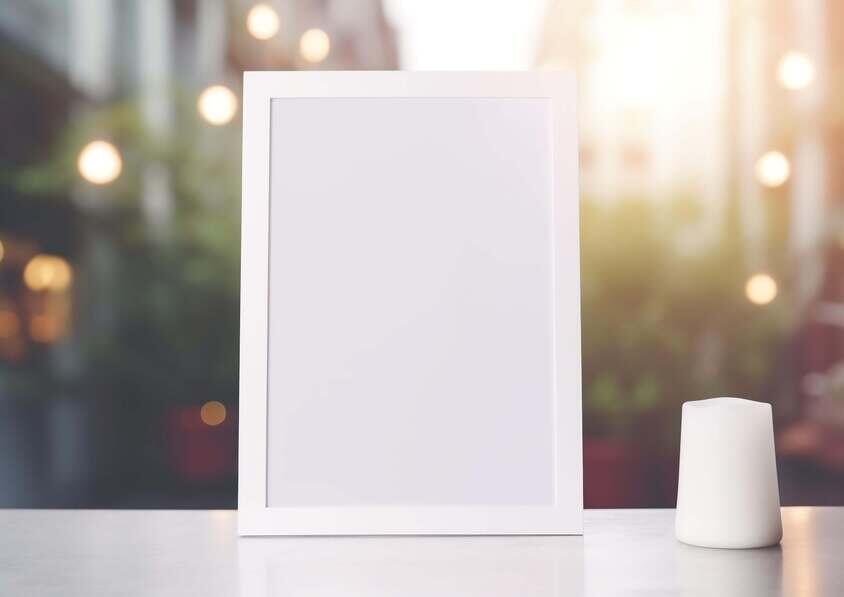 Download White Poster Frame and Candle on Table in Urban Setting Mockups Online - Creative Fabrica