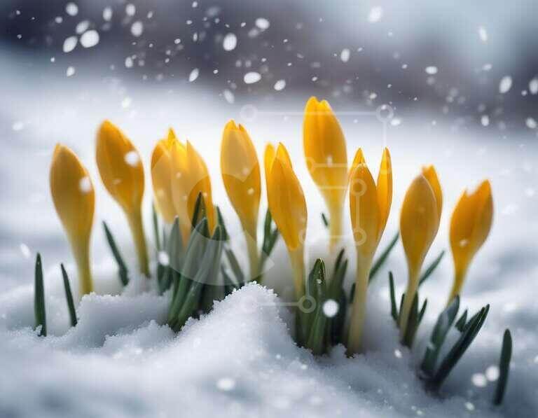 Vibrant Yellow Crocus Flowers in Snow stock photo | Creative Fabrica
