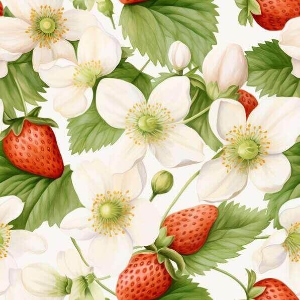 Download Seamless Pattern of White Flowers and Strawberries with Green ...