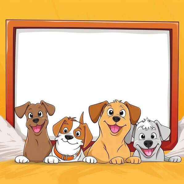 Download Four Cartoon Dogs and Blank Frame on Orange Background ...