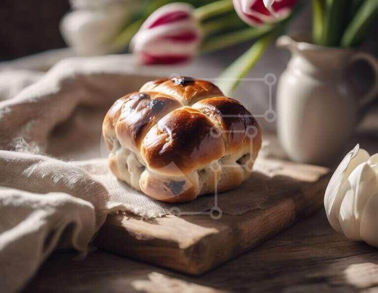 Warm and Cozy Scene with Loaf of Bread and Tulips stock photo ...