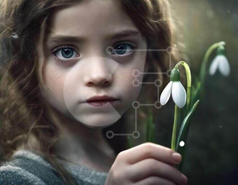 Young Girl Admiring Snowdrops stock photo | Creative Fabrica