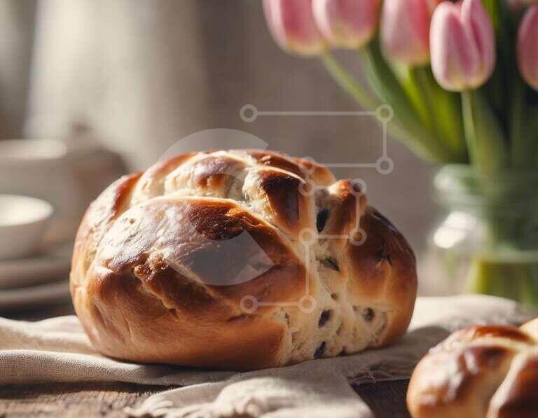Rustic Table Setting with Bread and Tulips stock photo | Creative Fabrica