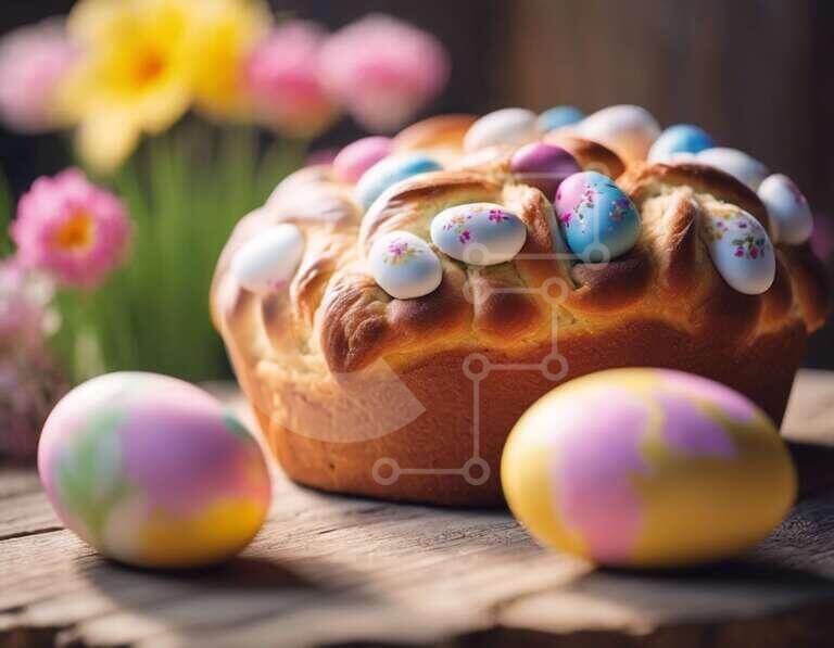 Decorative Easter Bread with Colorful Eggs and Flowers stock photo ...