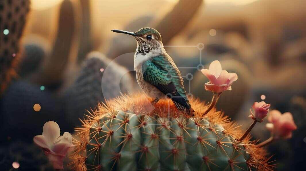 Beautiful Hummingbird Perched on Cactus Plants stock photo | Creative ...