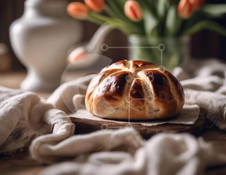 Freshly Baked Loaf of Bread with Tulips stock photo | Creative Fabrica