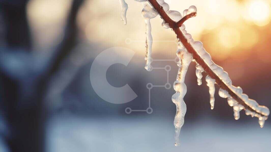 Icy Branch with Icicles at Sunset stock photo | Creative Fabrica